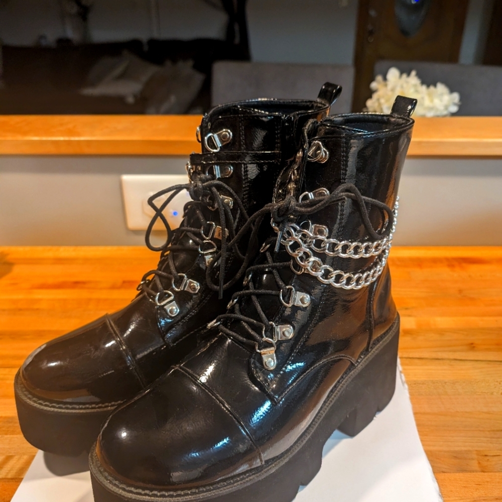 Patten Leather Platform Boots - Gem